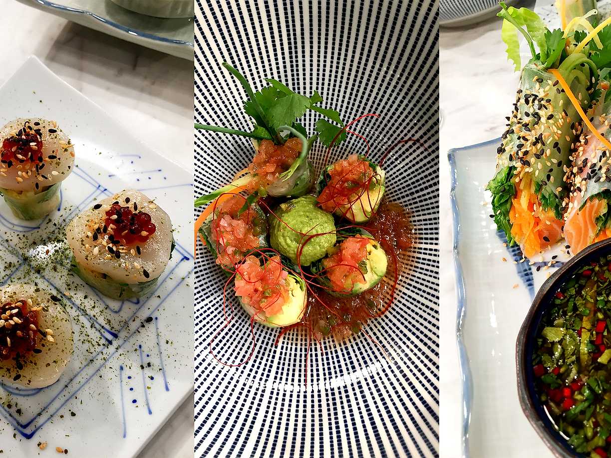 Garden rolls med fjordlax och chaoton, pilgrimsmussla och piri piri ...