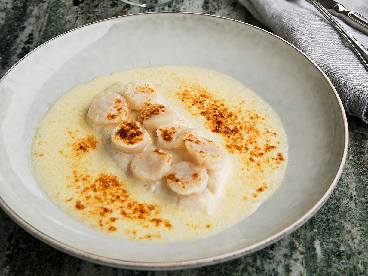 Parmesangratinerad piggvar med pilgrimsmusslor | Köket.se